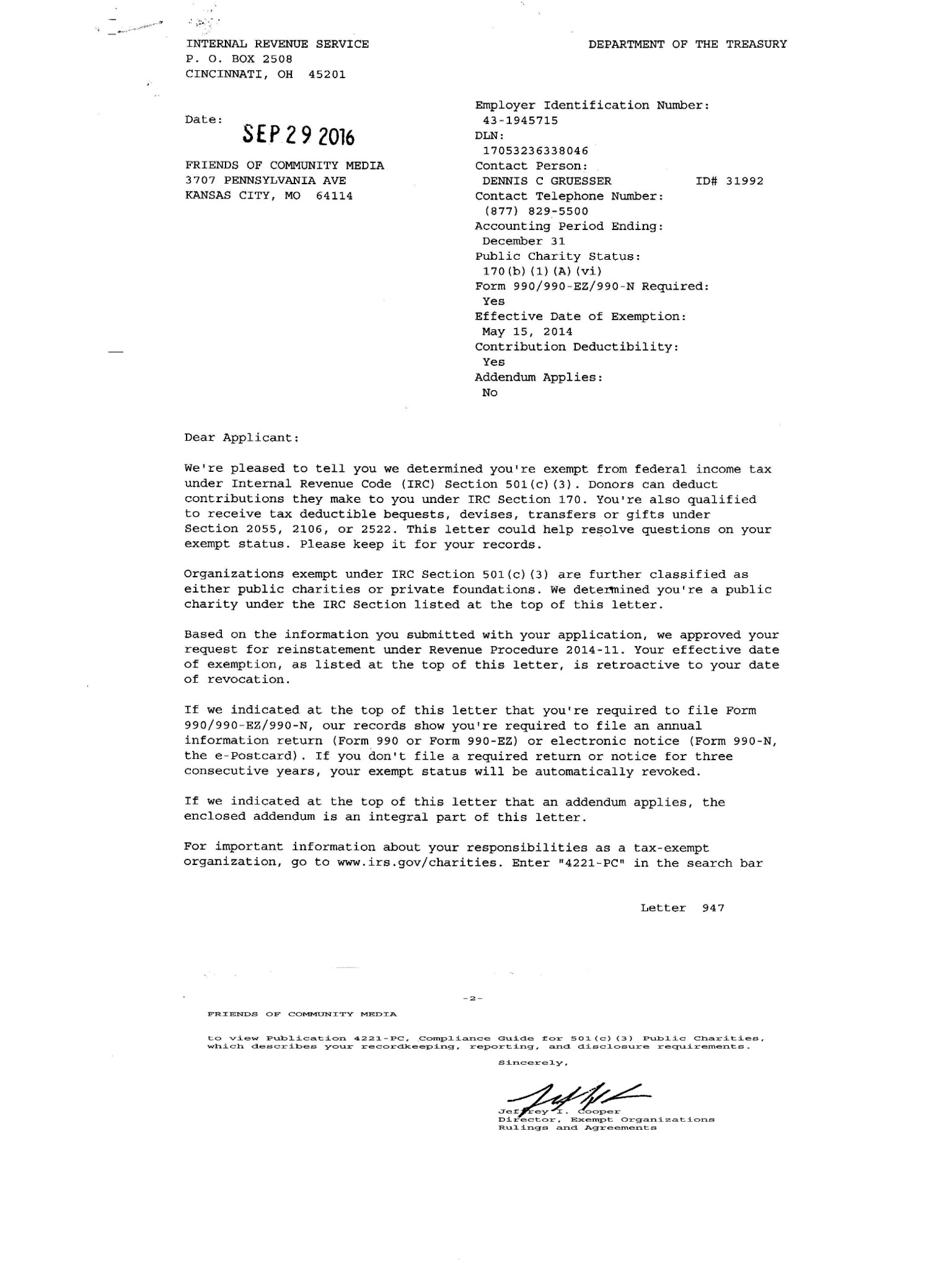 IRS 501 c 3 Certification Friends Of Community Media